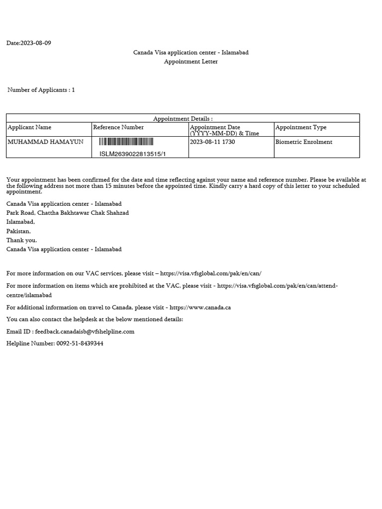 Canada Visa Appointment Confirmation | PDF | Business | Finance & Money ...
