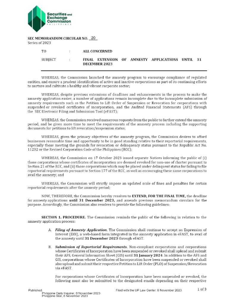 SEC MC No. 20 Series of 2023 | PDF