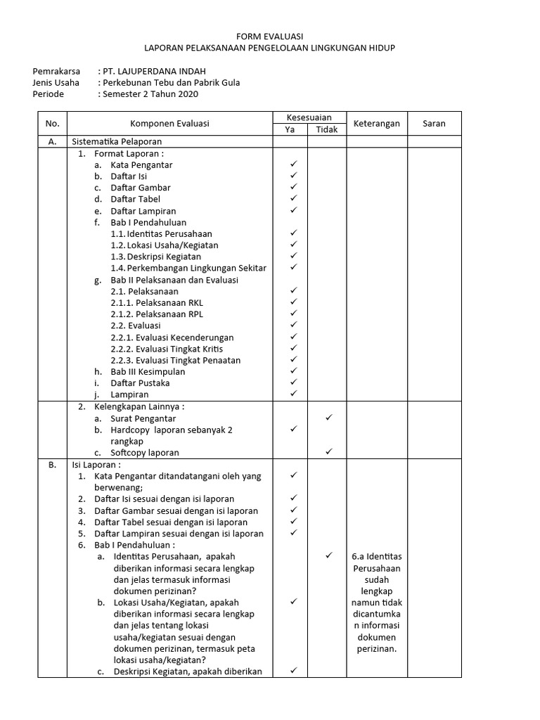 Form Evaluasi Laporan RKL-RPL (PT Lpi) | PDF
