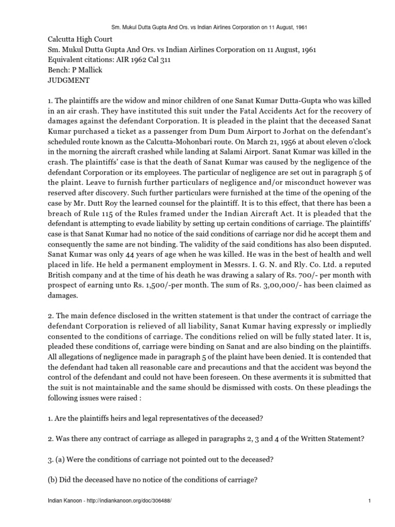 Sm. Mukul Dutta Gupta and Ors. Vs Indian Airlines Corporation On 11 August, 1961 | PDF | Common ...
