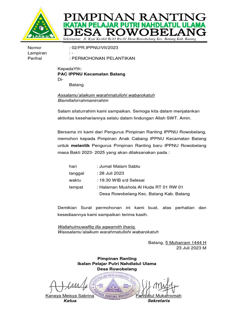 Surat Permohonan Pelantikan IPPNU Ranting Rowobelang | PDF