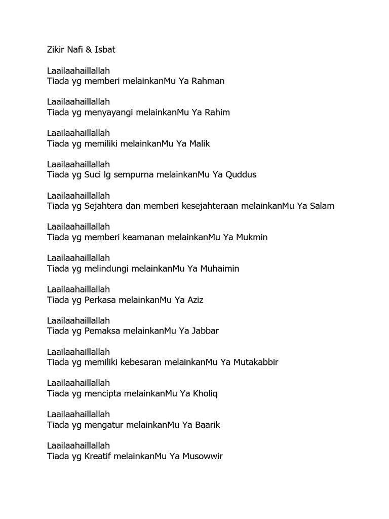 Zikir Nafi Isbat DGN 99 Asmaulhusna | PDF