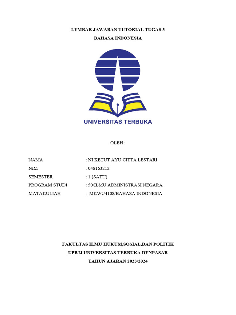 Lembar Jawaban Tutorial Tugas 3 Bahasa Indonesia | PDF