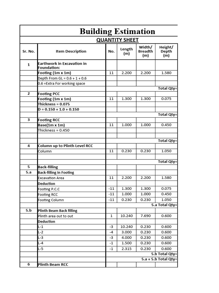 Building Estimation Quantity Sheet | PDF | Building Technology | Home