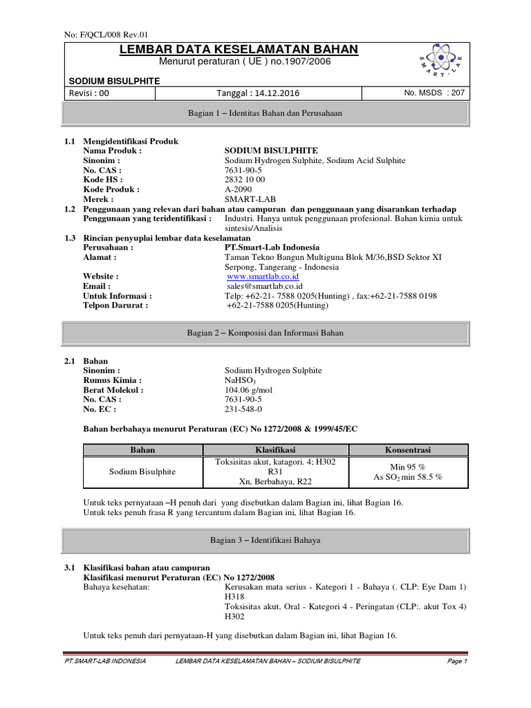 MSDS - SODIUM - BISULPHITE (Cleaning WTP) | PDF