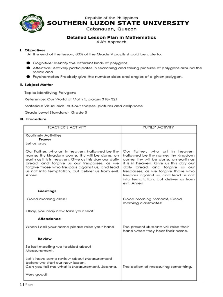 Detailed Lesson Plan | PDF | Polygon | Lord's Prayer