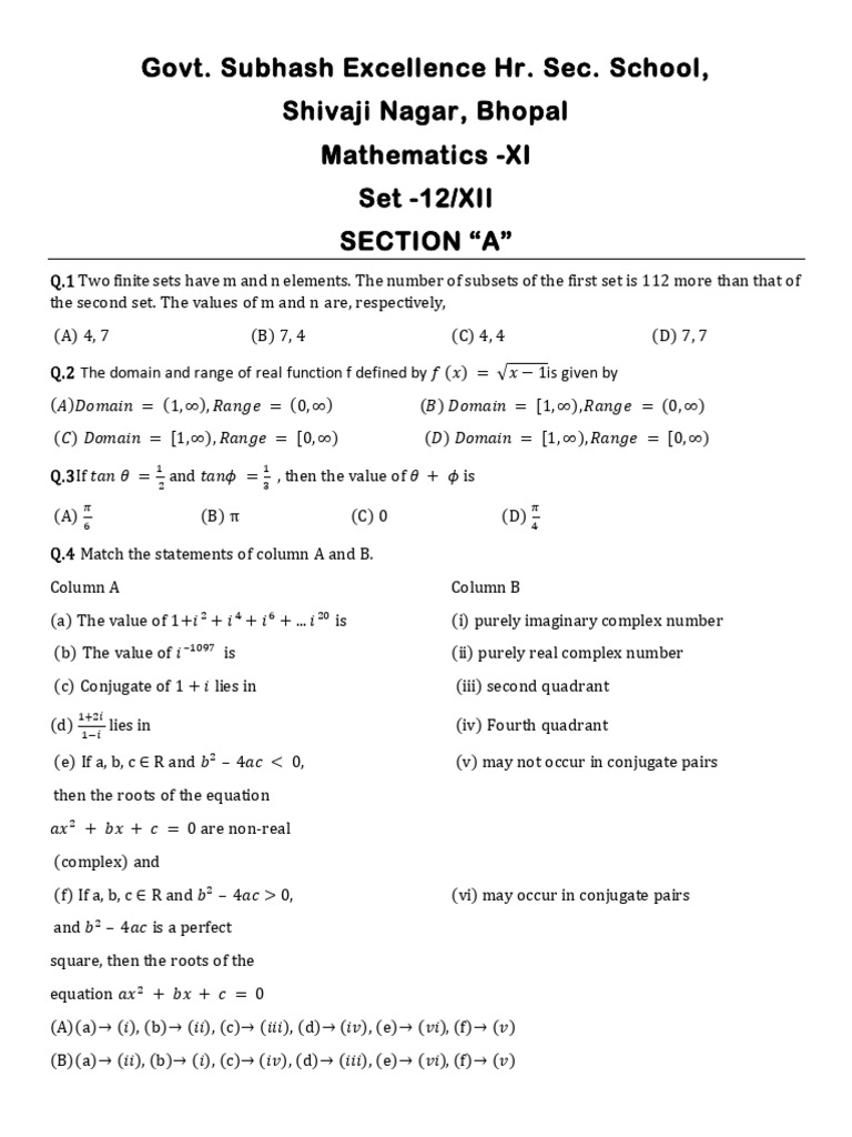 Class XI Math Exam Questions | PDF | Cartesian Coordinate System ...