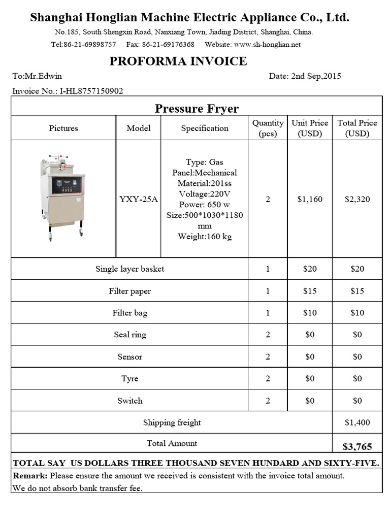 Proforma Invoice of Pressure Fryer - Shanghai Honglian Machine 9.2 | PDF