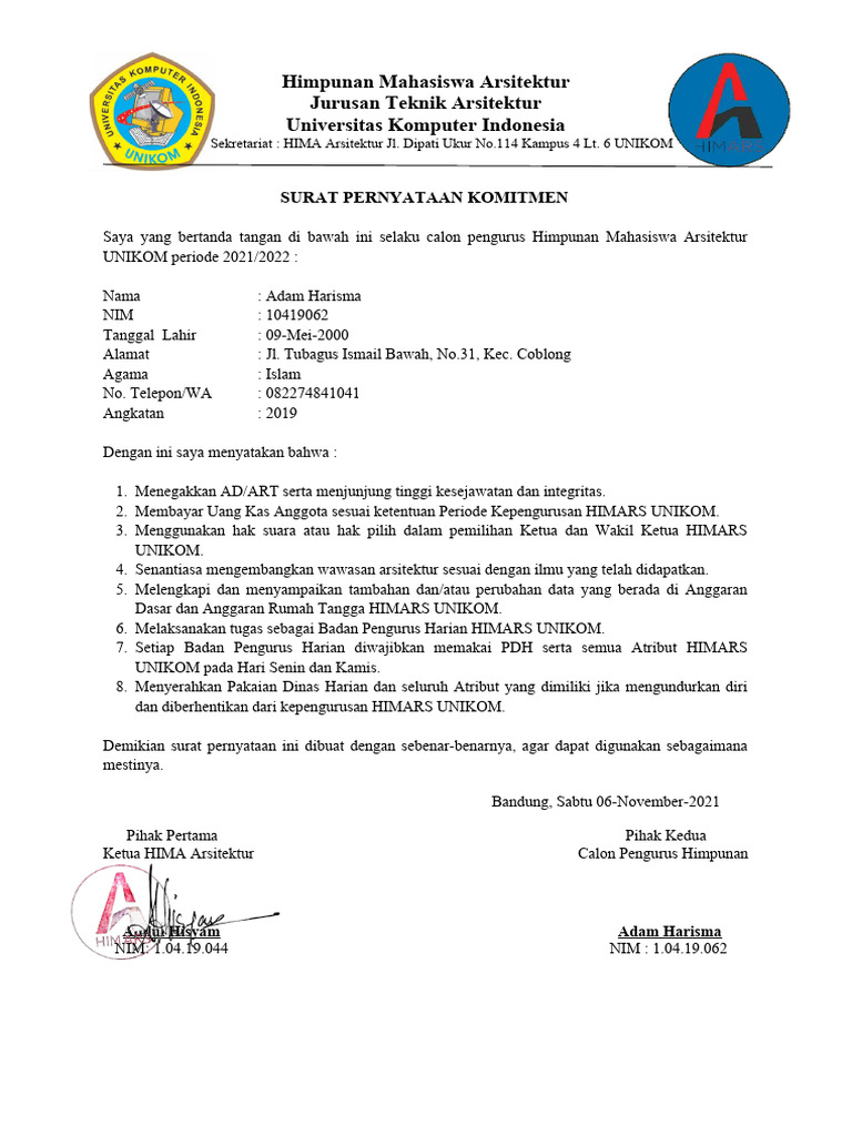 Surat Pernyataan Komitmen | PDF