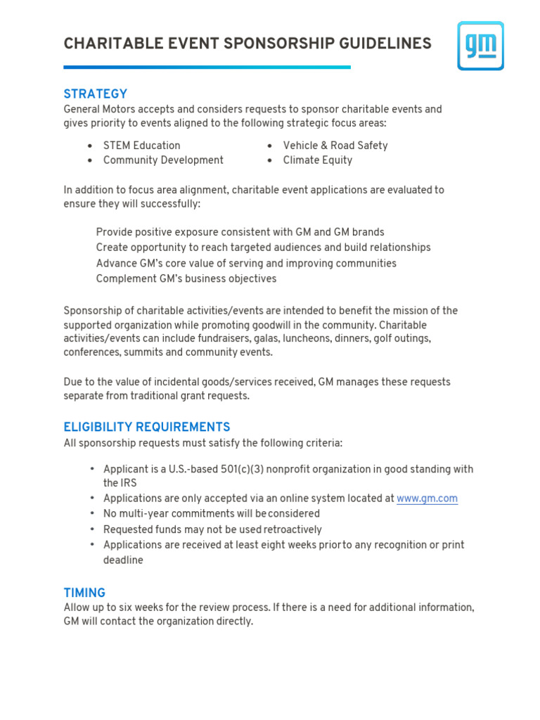 GM Charitable Event Sponsorship Guide | PDF | Fundraising