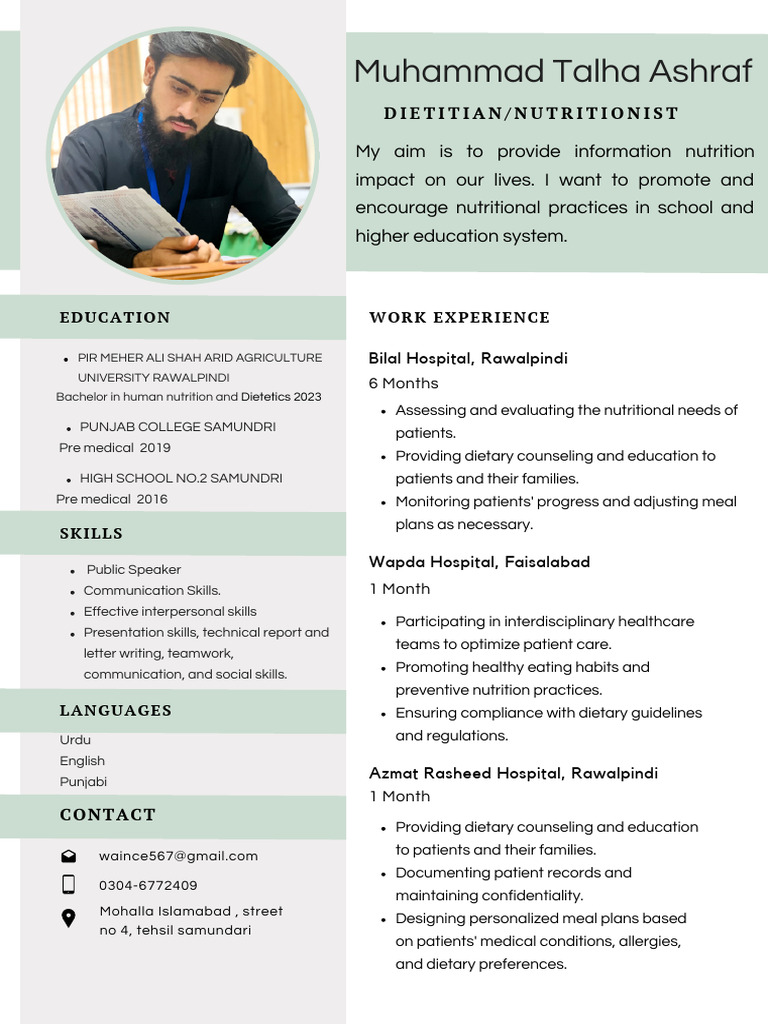 Muhammad Talha Ashraf | PDF | Dietitian | Health Care
