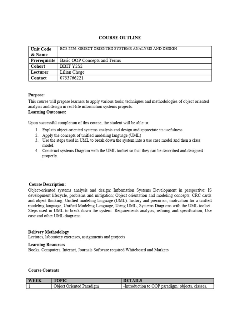 Course Outline Ooad Pdf Unified Modeling Language Object Oriented Programming