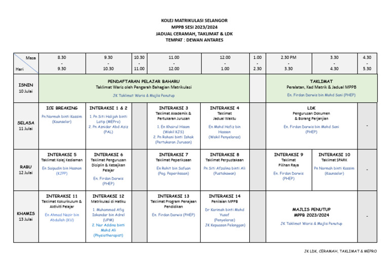 JADUAL MPPB KMS 2023 2024 10 Jul - 230710 - 162738 | PDF