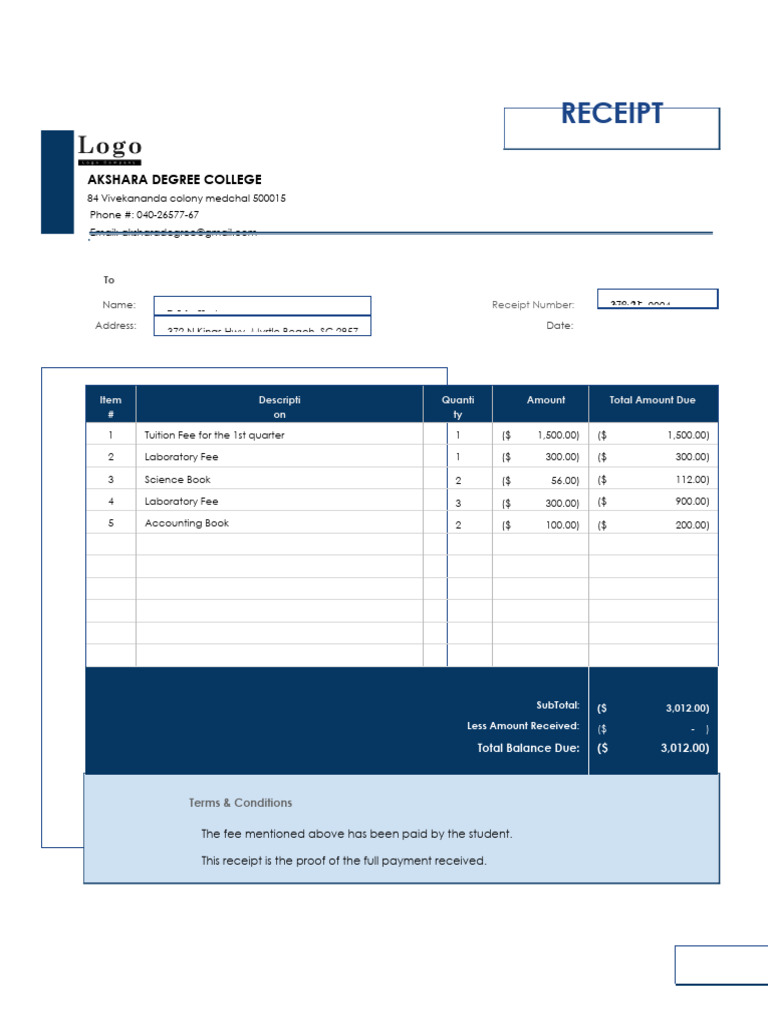 School Fee Payment Receipt Template Receipt | PDF