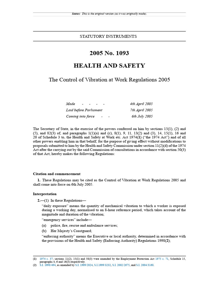 Control of Vibration Regulations 2005 | PDF | Employment | Risk