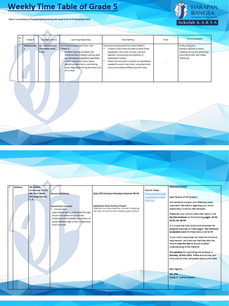GRADE 5 - WEEKLY TIME TABLE WEEK 18, 1st SEMESTER, A.Y 2023-2024 | PDF ...