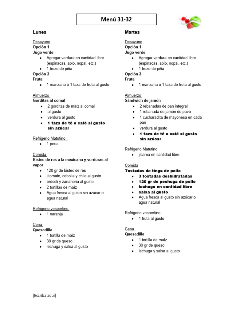 Ejemplo de Menu Plan Alimenticio Saludable 31-32 | PDF | Almuerzo ...