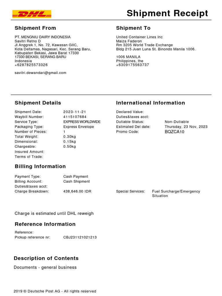 Invoice DHL YOYIC-PHL-ATC-20231103-1 | PDF