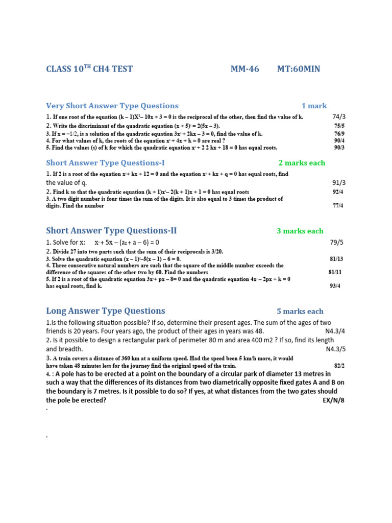 Class 10th Ch4 Test Mm | PDF | Equations | Quadratic Equation