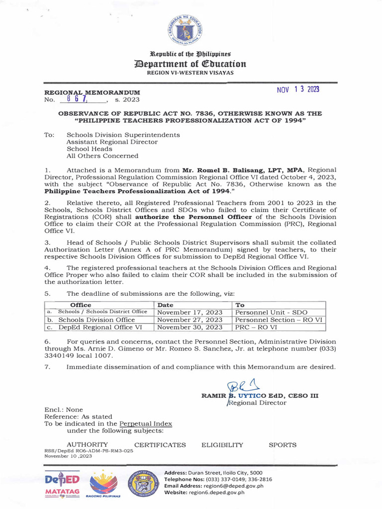 RM No. 867 S. 2023 - OBSERVANCE OF REPUBLIC ACT NO. 7836 OTHERWISE ... RM No. 867 S. 2023 - OBSERVANCE OF REPUBLIC ACT NO. 7836 OTHERWISE ...