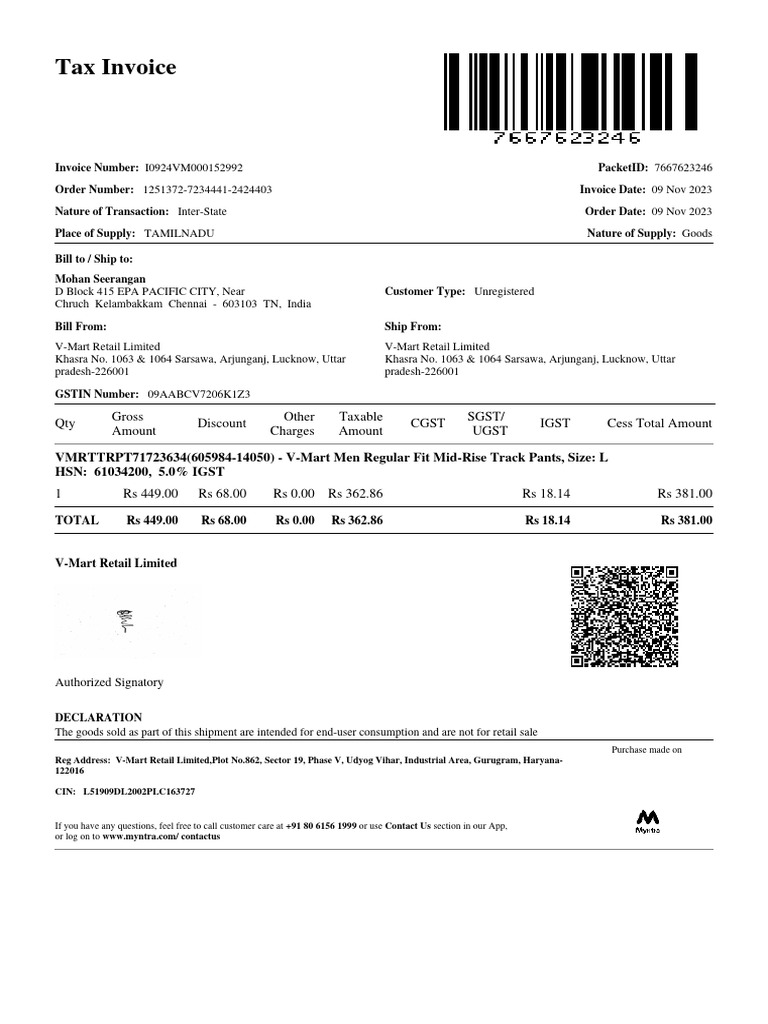 Tax Invoice: Qty Gross Amount Discount Other Charges Taxable Amount ...