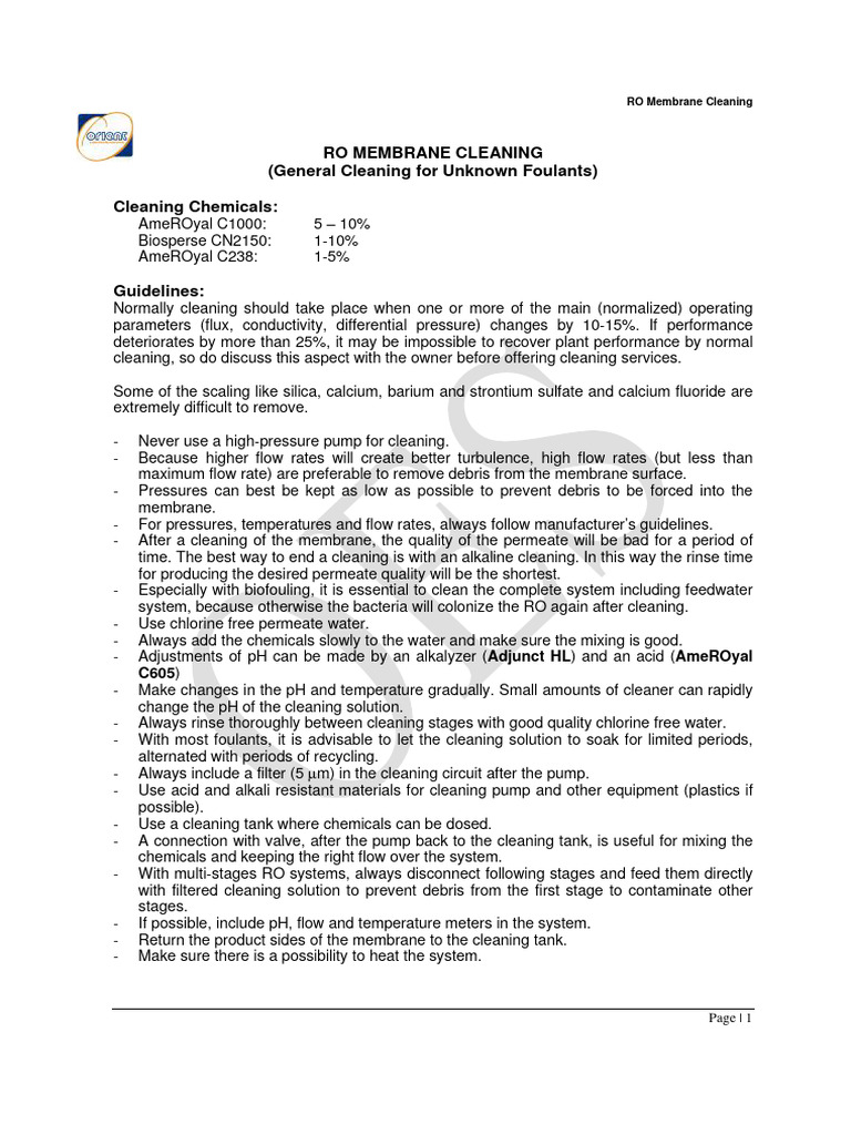 RO Membrane Cleaning Procedure Guide | PDF | Membrane | Secondary ...