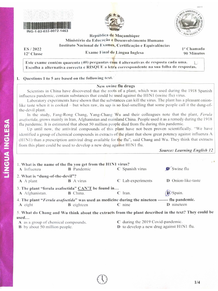 Exame de Inglês 12 Classe 2022 | PDF