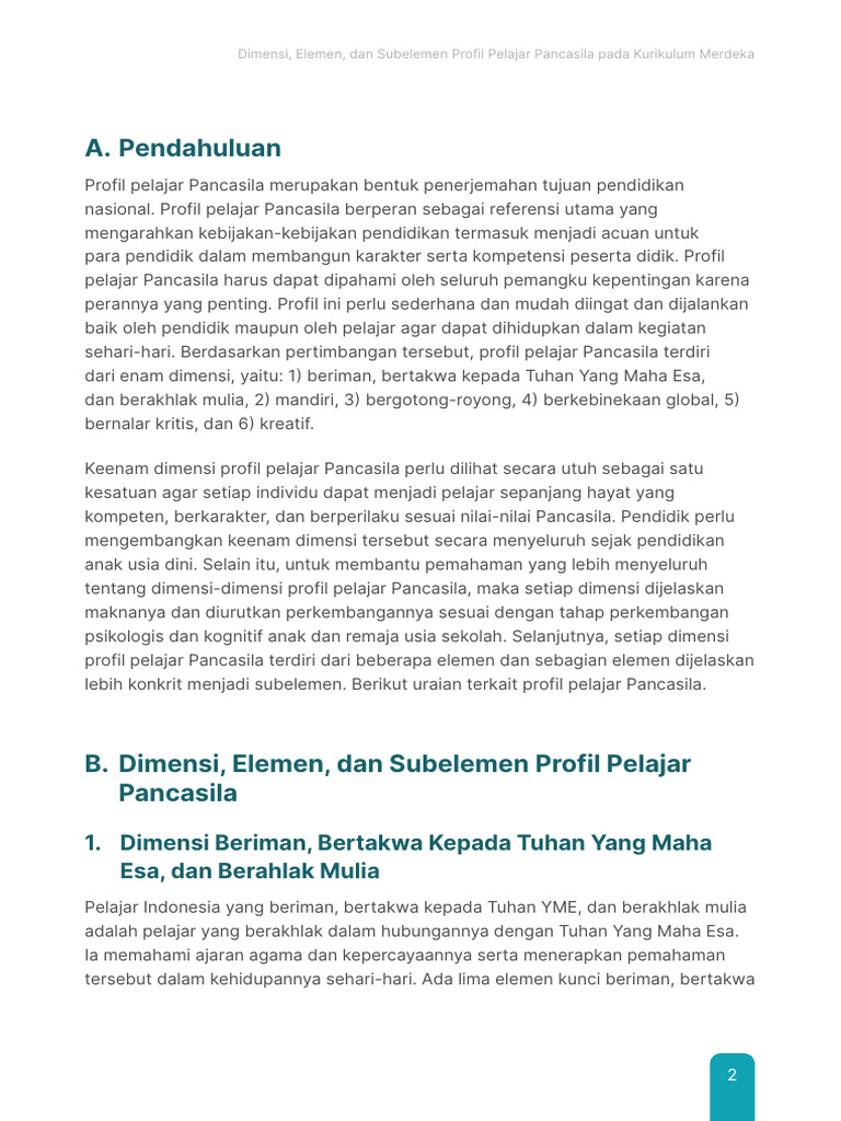 V.2 Dimensi Elemen Subelemen Profil Pelajar Pancasila Pada Kurikulum ...