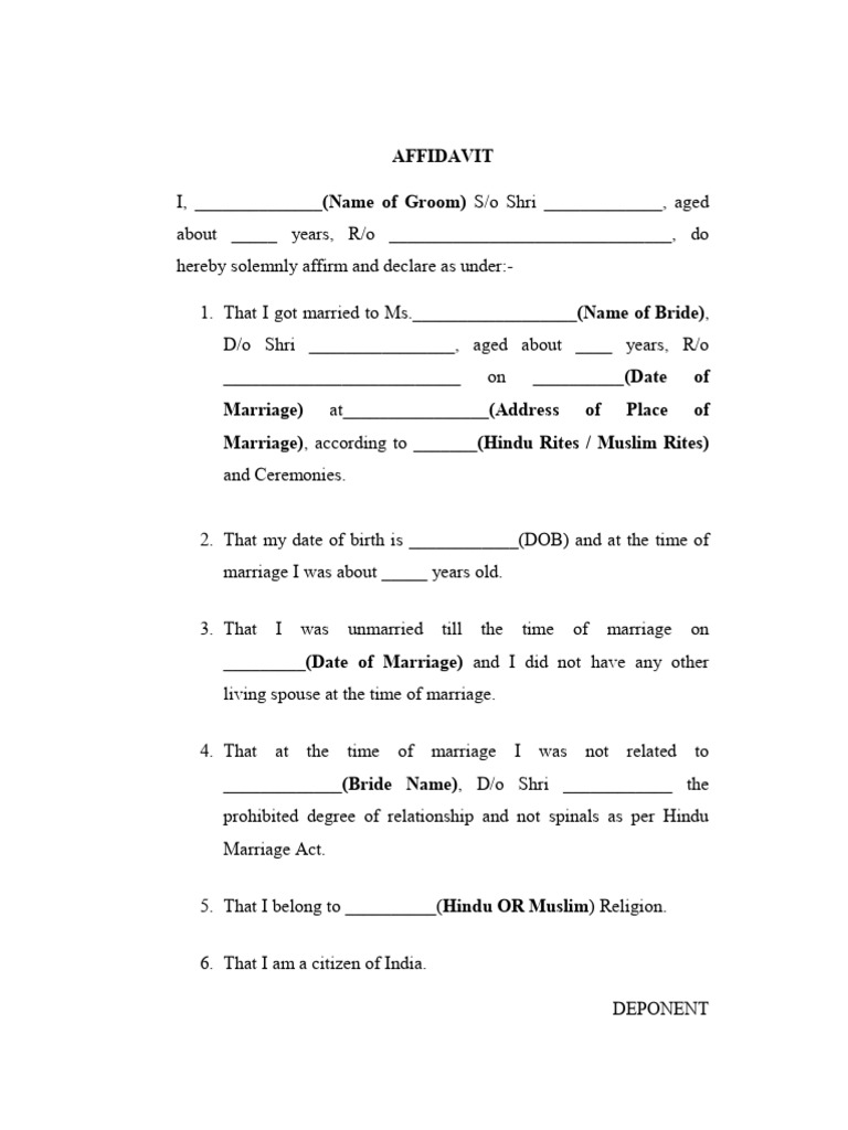 Marriage Affidavit Format for India | PDF | Wellness
