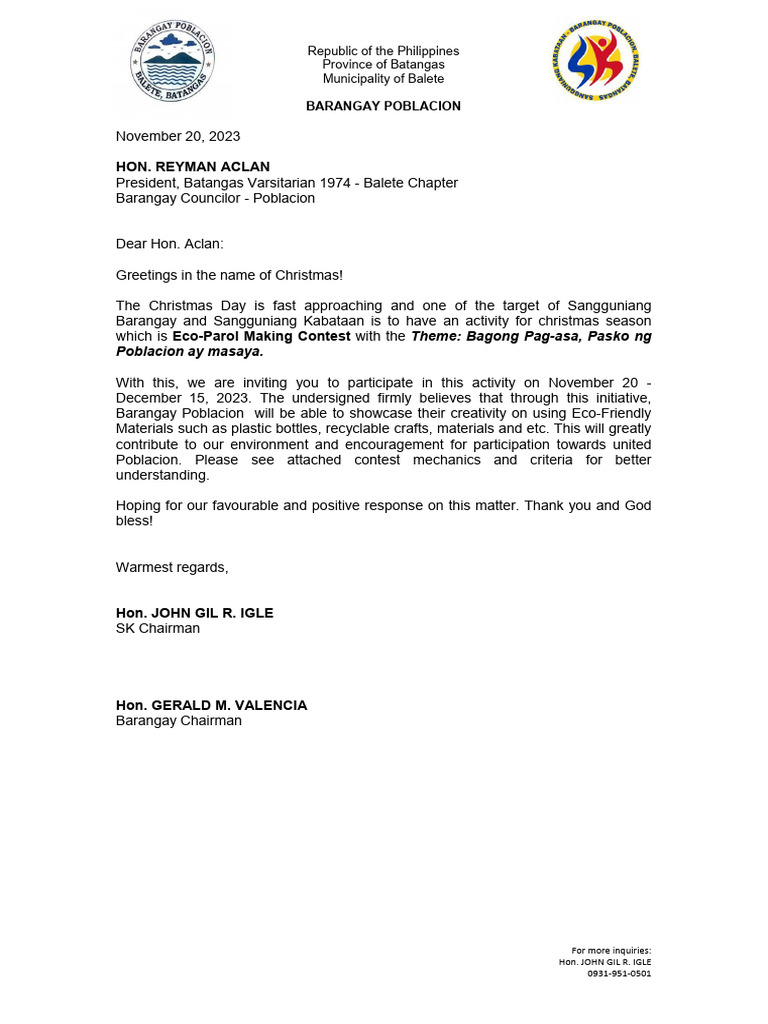 ECO-PAROL MAKING 2023 - BV1974 Balete Chapter | PDF | Human Communication