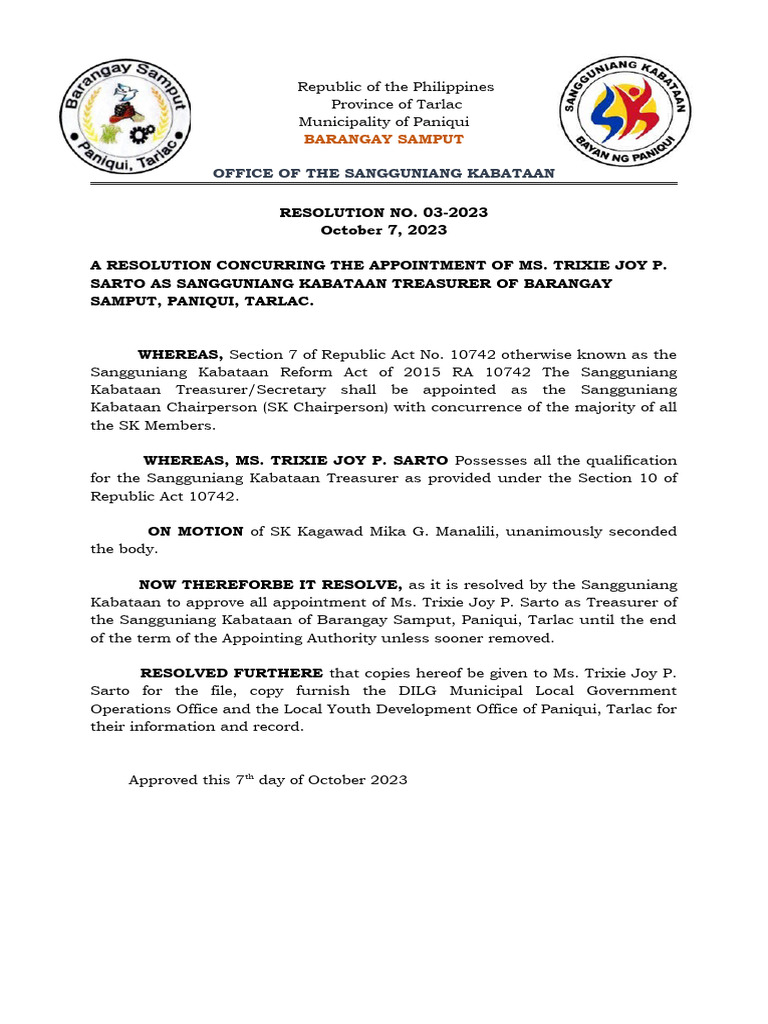 Resolution of SK Treasurer | PDF