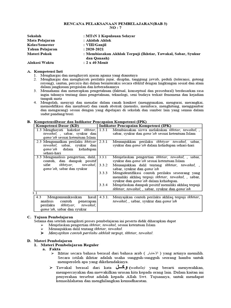 RPP 3 Akidah Akhlak | PDF | Karier & Perkembangan