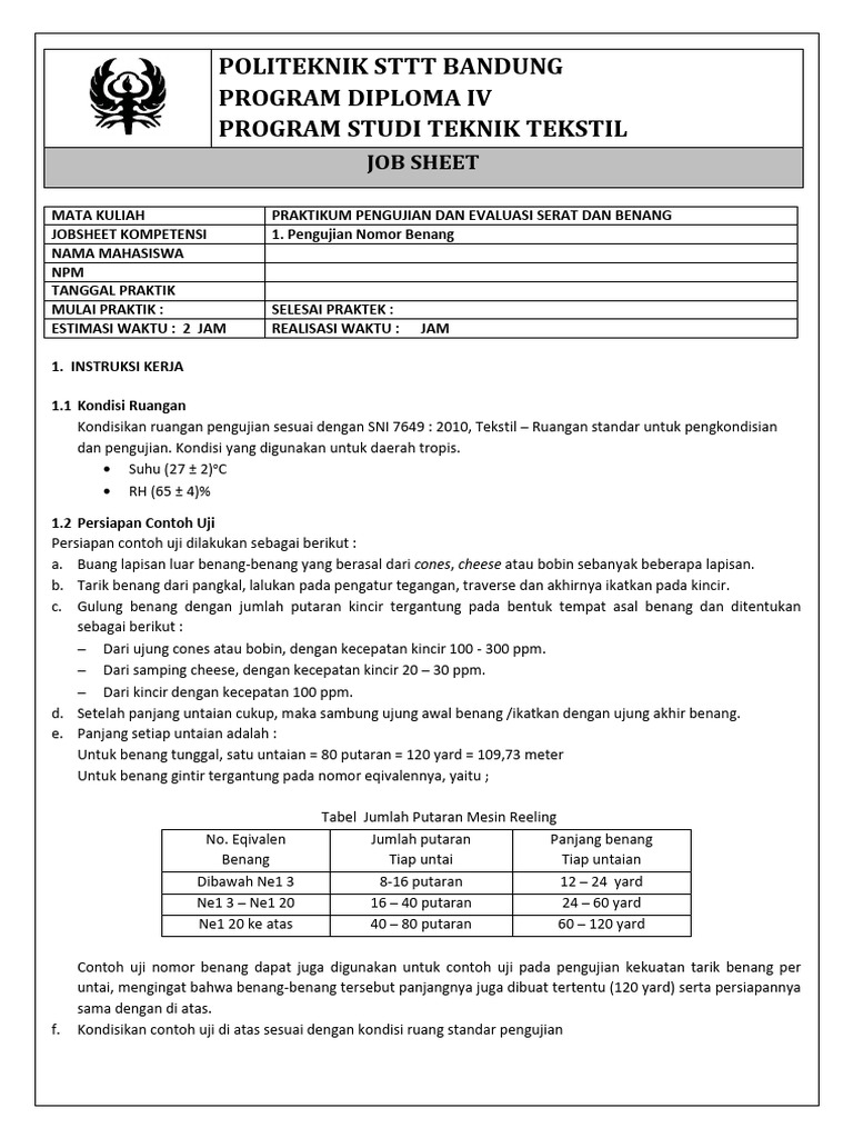 JOBSHEET Evaluasi Benang | PDF