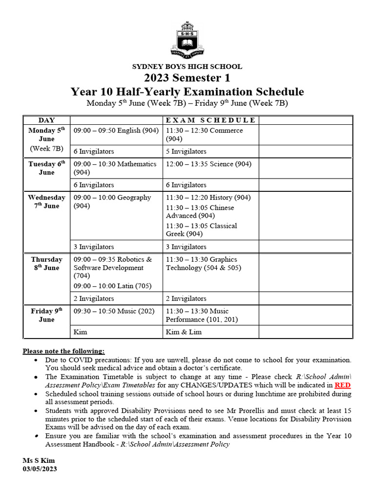 Year 10 Half Yearly Examination Schedule 2023 | PDF