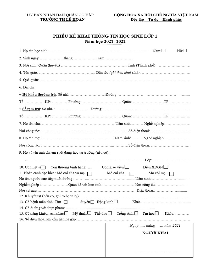 Phieu Thong Tin Lop 1 Mau PGD Gui - 1982021132215 | PDF