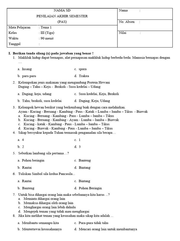 Soal PAS Tema 1 Kelas 3 (Infodikdasmen - Com - 081310 | PDF
