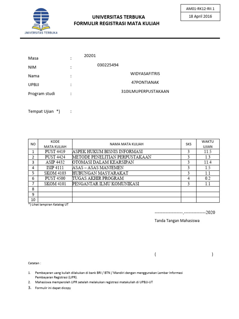 Formulir UT Reg MatKul AM01 RK12 RII | PDF