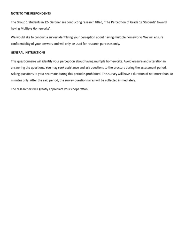 Note To The Respondents | PDF | Homework | Questionnaire