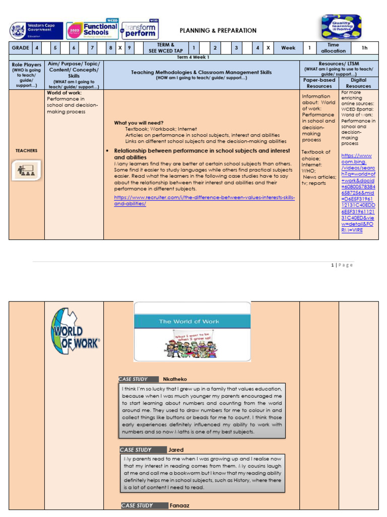 Lesson Plan Gr. 8 Life Orientation Term 4 Week 1 | PDF | Learning | Theory