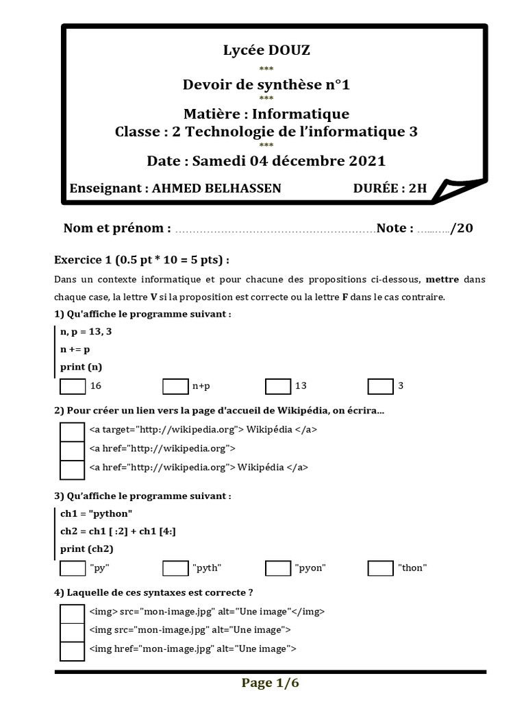 2TI-Devoir de Synthèse N°1-Énoncé + Correction | PDF | Mot de passe | Notation