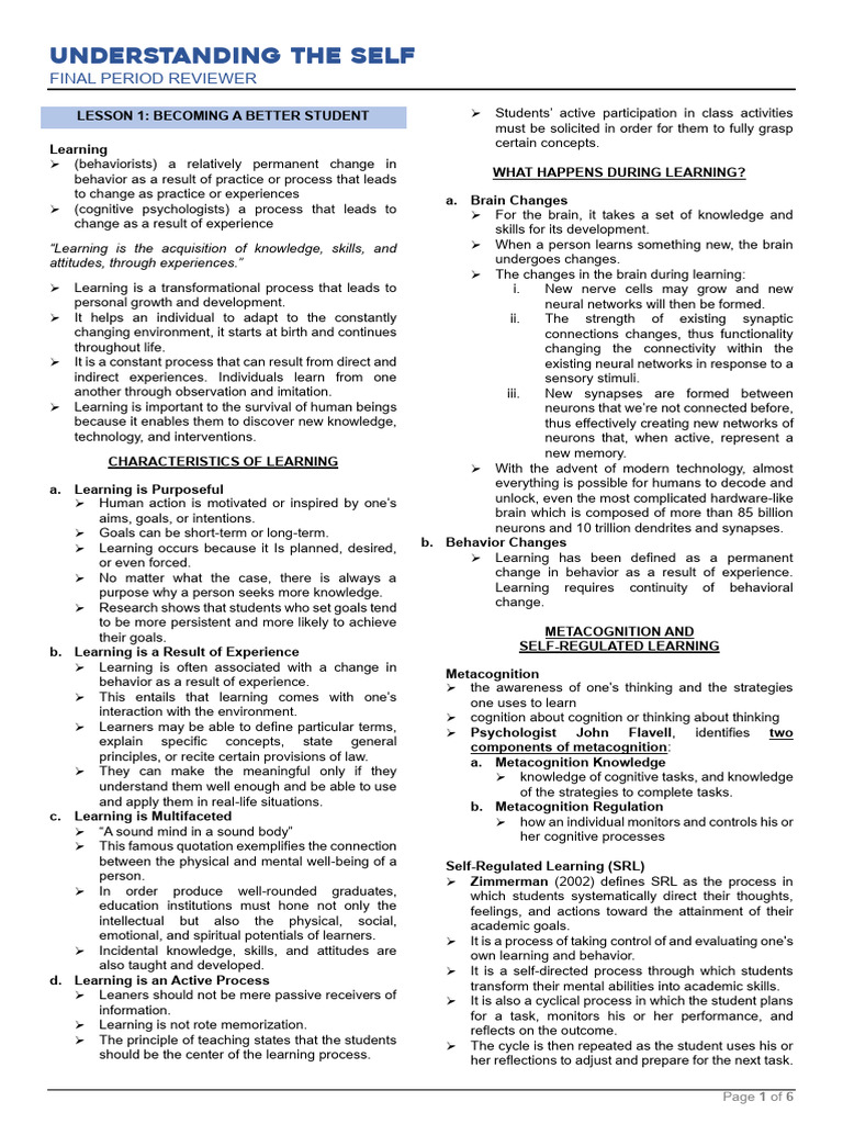 Self-Summary and Learning Strategies | PDF | Learning | Goal
