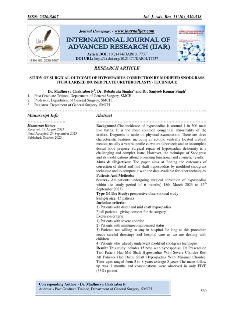 Study of Surgical Outcome of Hypospadius Correction by Modified ...