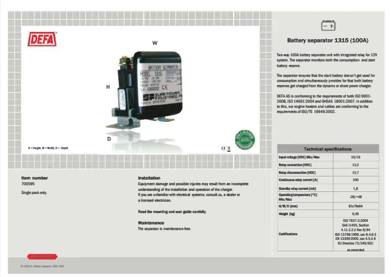 PDF Defa Battery Separator 12v 100a - Compress | PDF | Battery Charger | Power (Physics)