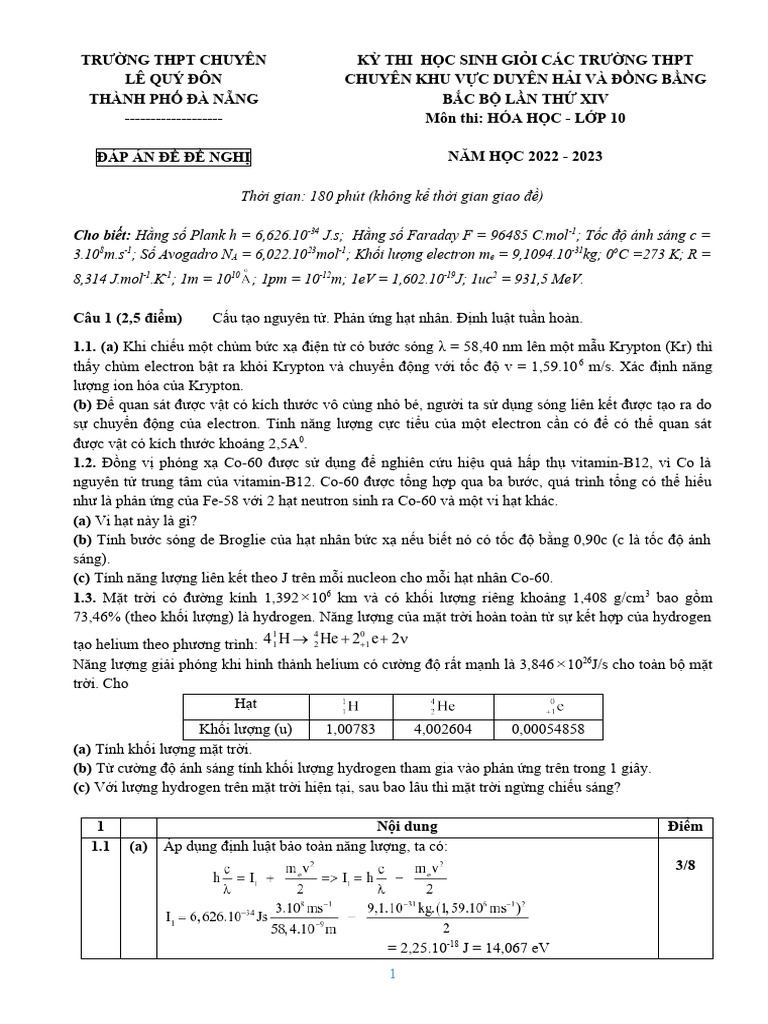 K10 - 3. Hoá - Đề-Đáp án Đề nghị DHBB XIV | PDF