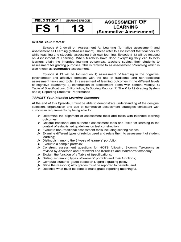 FS1 Episode 13: Summative Assessment Guide | PDF | Educational ...