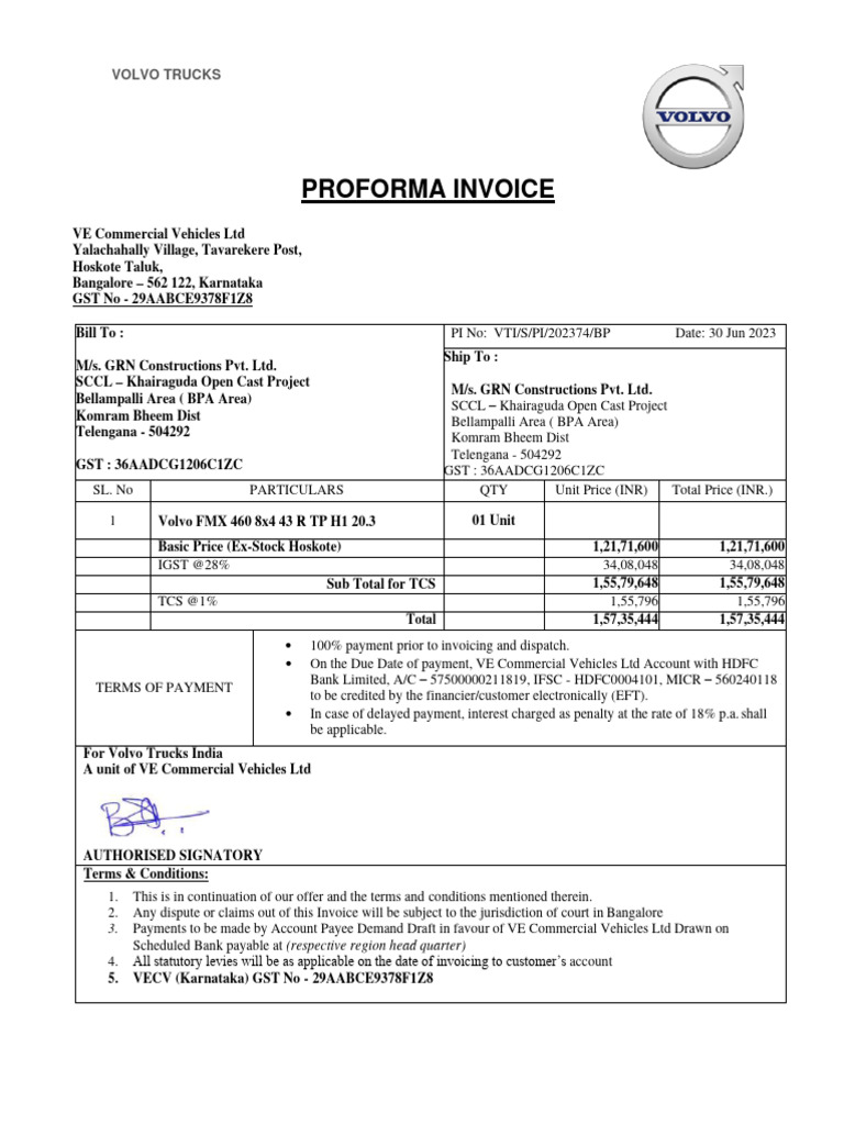 Proforma Invoice - Volvo Trucks | PDF | Invoice | Payments
