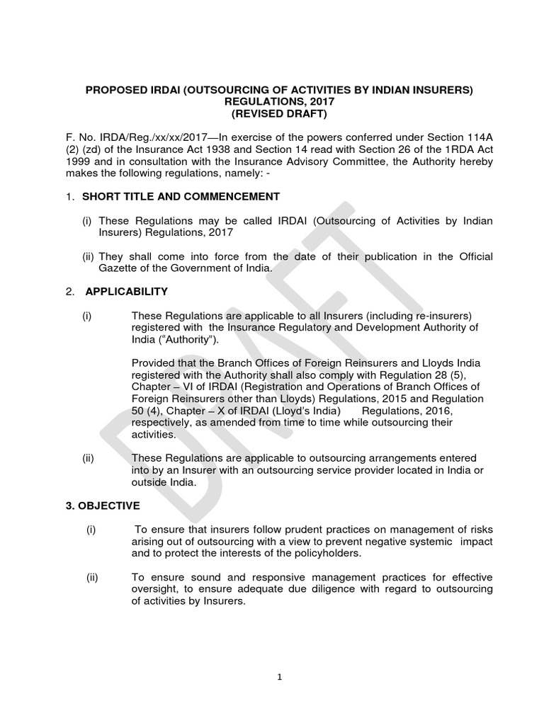 Proposed Irdai (Outsourcing of Activities by Indian Insurers) Regulations | PDF | Insurance ...