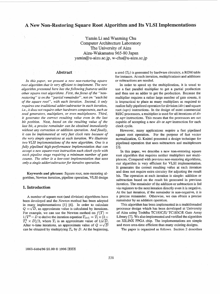 A New Nonrestoring Square Root Algorithm and Its Vlsi Implementa | PDF | Square Root | Integer ...