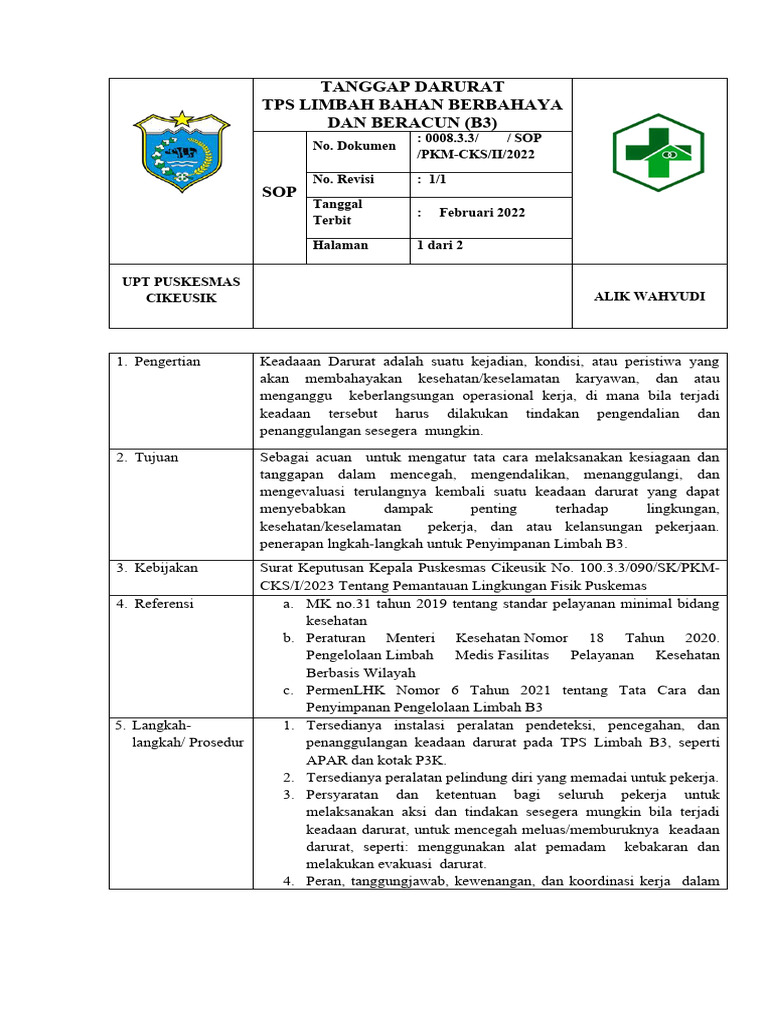 Sop Tanggap Darurat Limbah B3 | PDF
