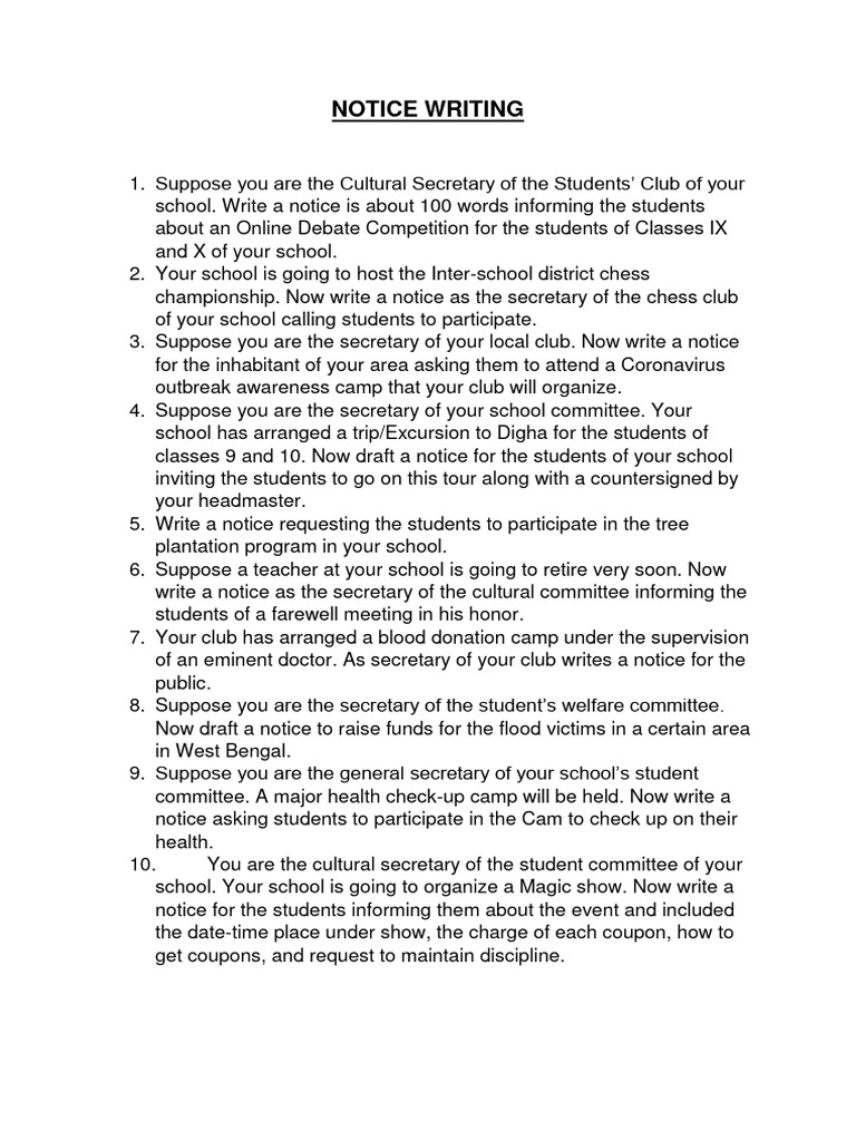 NOTICE WRITING Topics CBSE | PDF